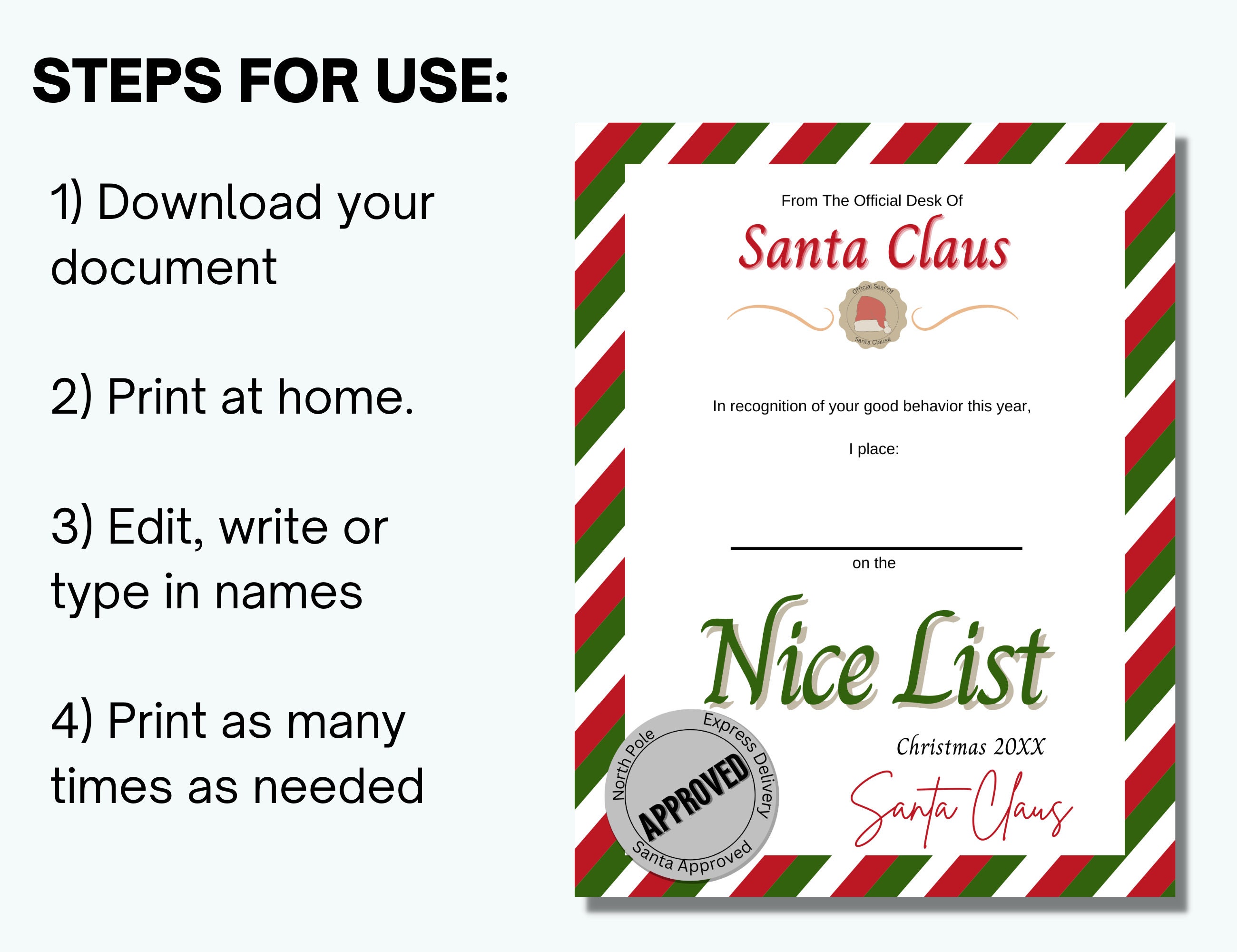 Editable Nice List Certificate, Letter From Santa, Nice List, Instant ...