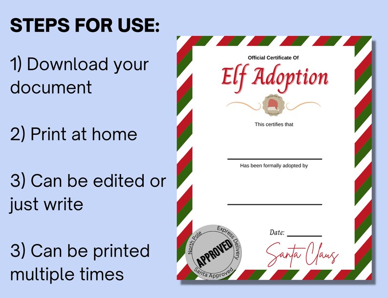Editable Elf Adoption Certificate, Christmas Elf, Nice List, Instant ...