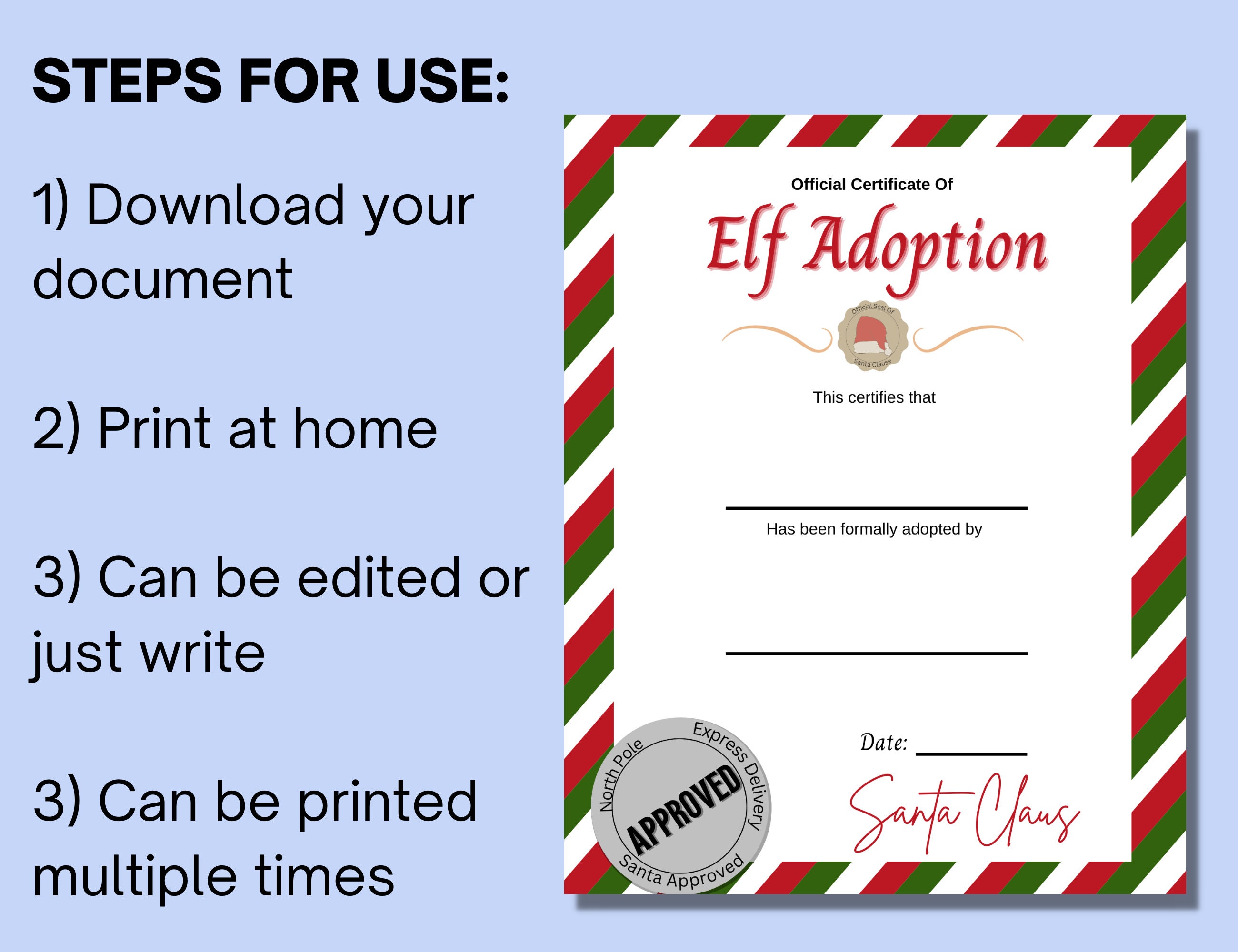 Editable Elf Adoption Certificate, Christmas Elf, Nice List, Instant ...