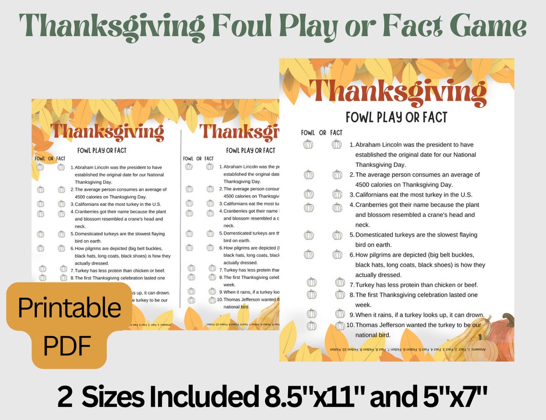 Thanksgiving True or False Trivia Printable Game, Pub Game ...