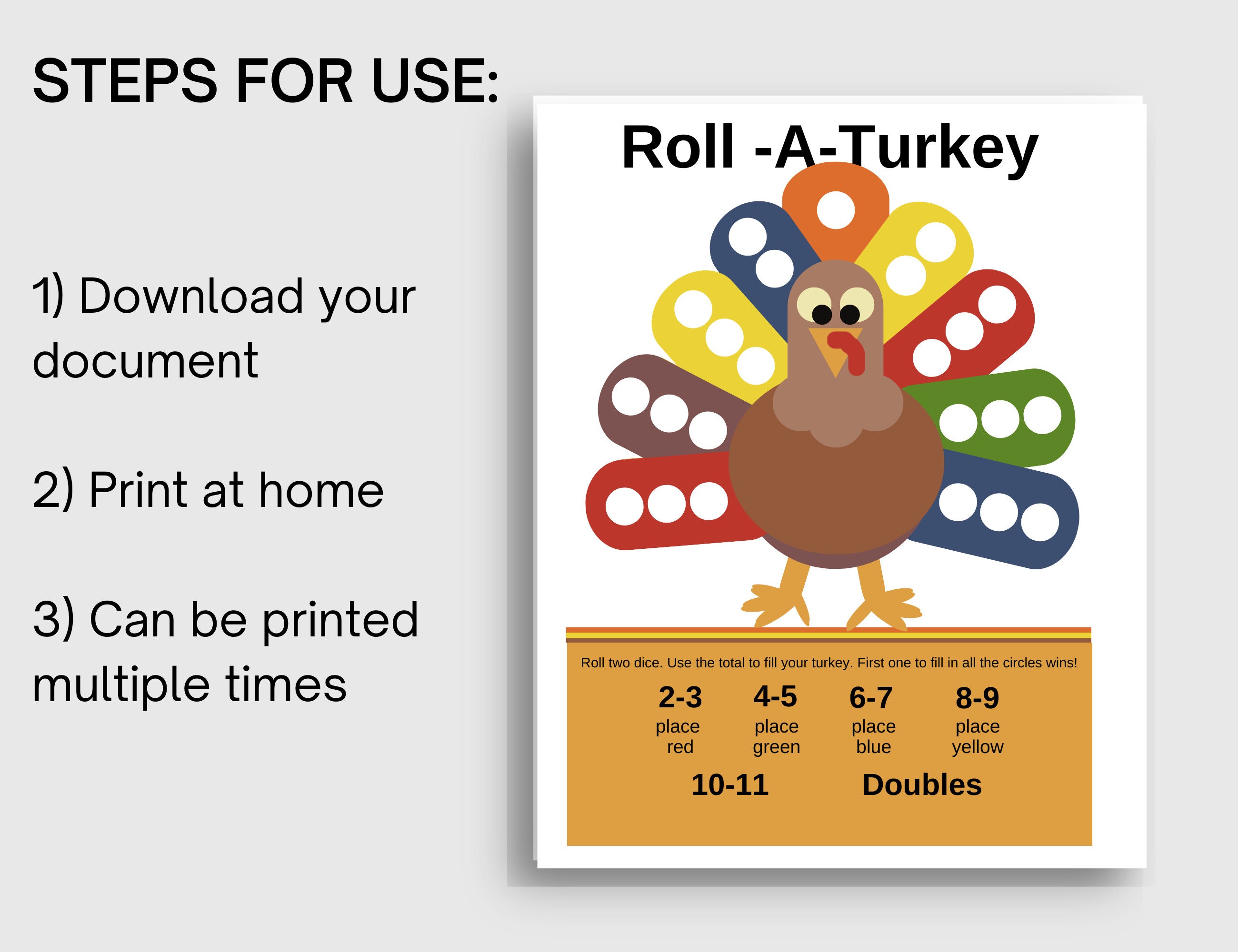 Roll A Turkey Thanksgiving Game, Thanksgiving Kids Table Game, Turkey ...
