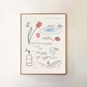 Dinner Menu Illustration Art Print, Modern Retro Kitchen Decor (digital ...