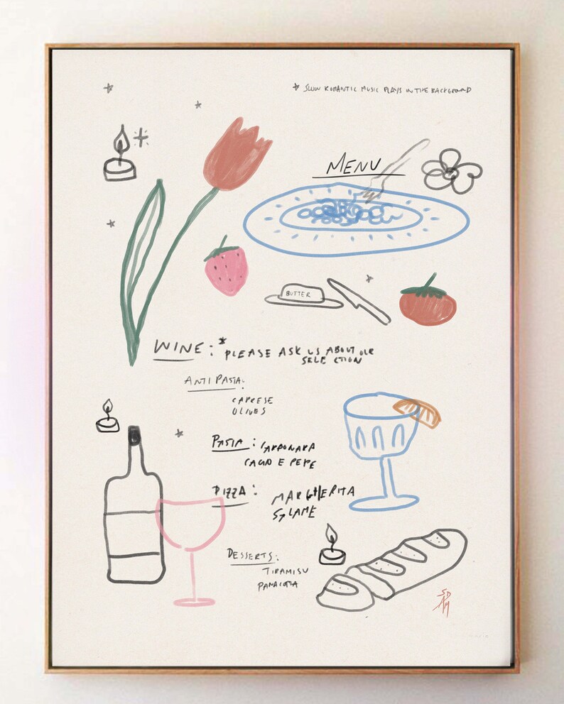 Dinner Menu Illustration Art Print, Modern Retro Kitchen Decor (digital ...