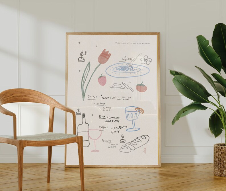 Dinner Menu Illustration Art Print, Modern Retro Kitchen Decor (digital ...