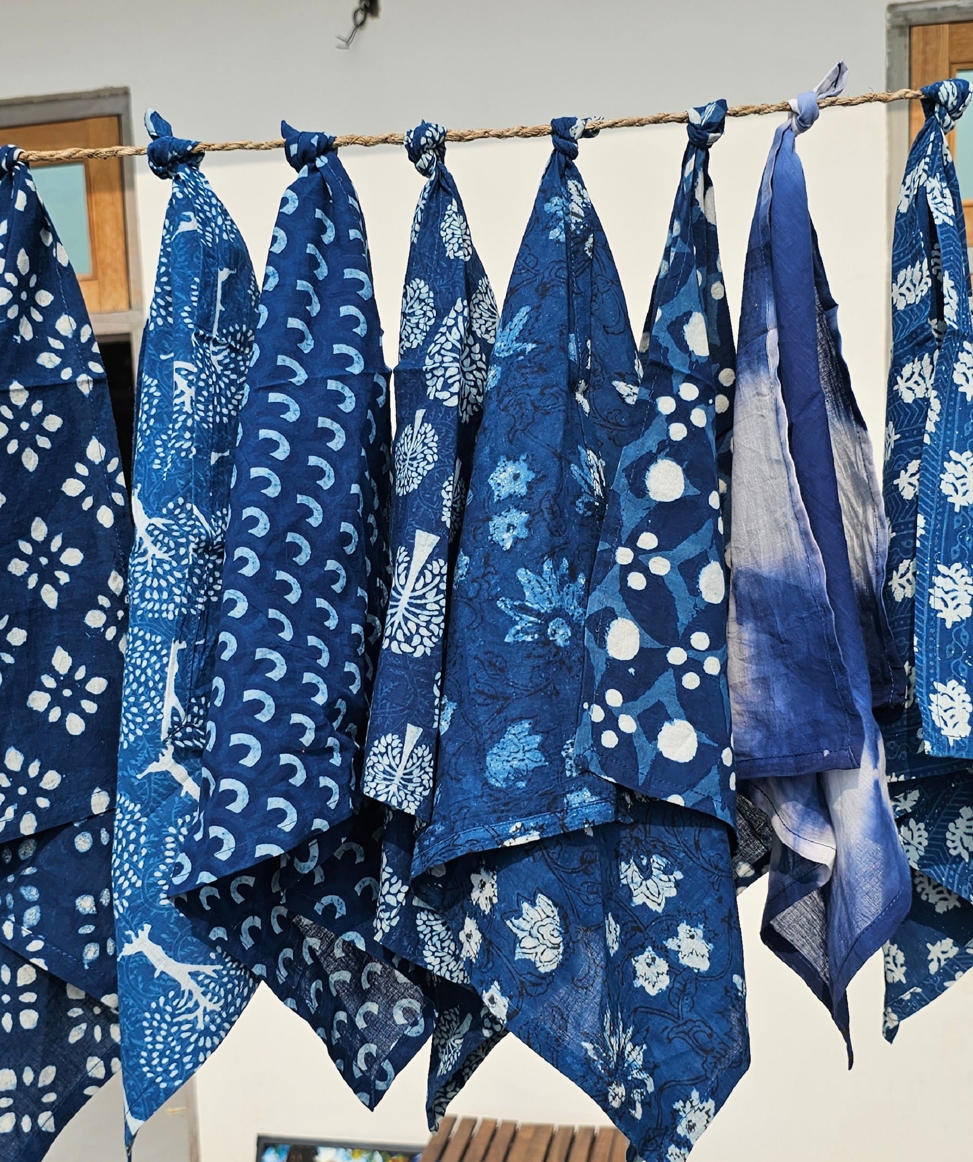Vintage Cotton Bandanas, Indigo Blue Print Bandanas Bohemian Hippie ...