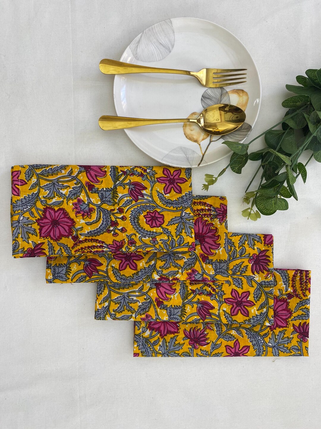 Dinner Napkin Set, 100% Cotton, Hand Block Printed Napkins, Turquoise ...