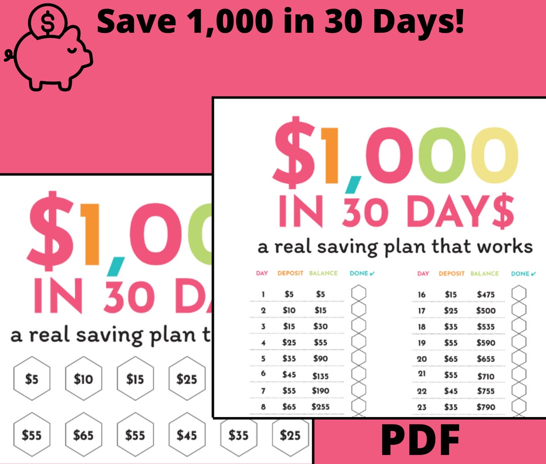 1000 in 30 Days Savings Tracker Printable Files, Save 100 in 30 Days ...
