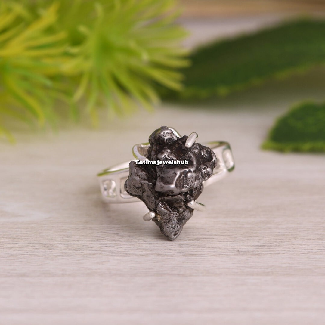 Natural Meteorite Rough Gemstone Ring, 925 Solid Silver Handmade Jewelry, Prong Set Ring Healing ...