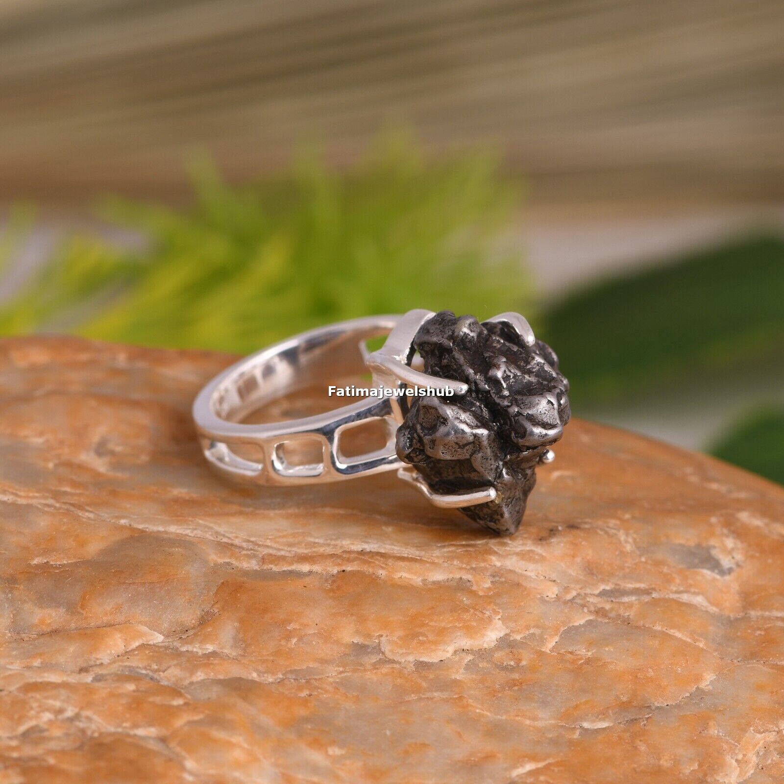 Natural Meteorite Rough Gemstone Ring, 925 Solid Silver Handmade Jewelry, Prong Set Ring Healing ...