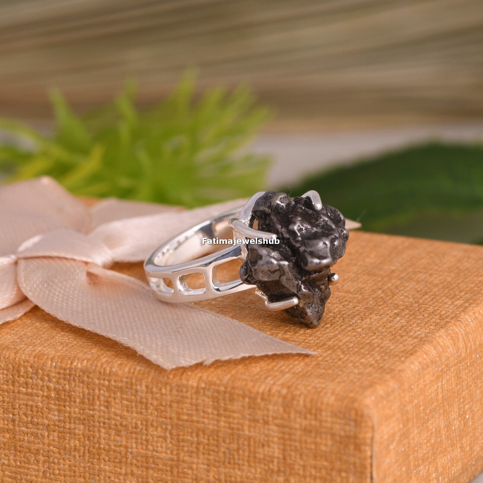 Natural Meteorite Rough Gemstone Ring, 925 Solid Silver Handmade Jewelry, Prong Set Ring Healing ...