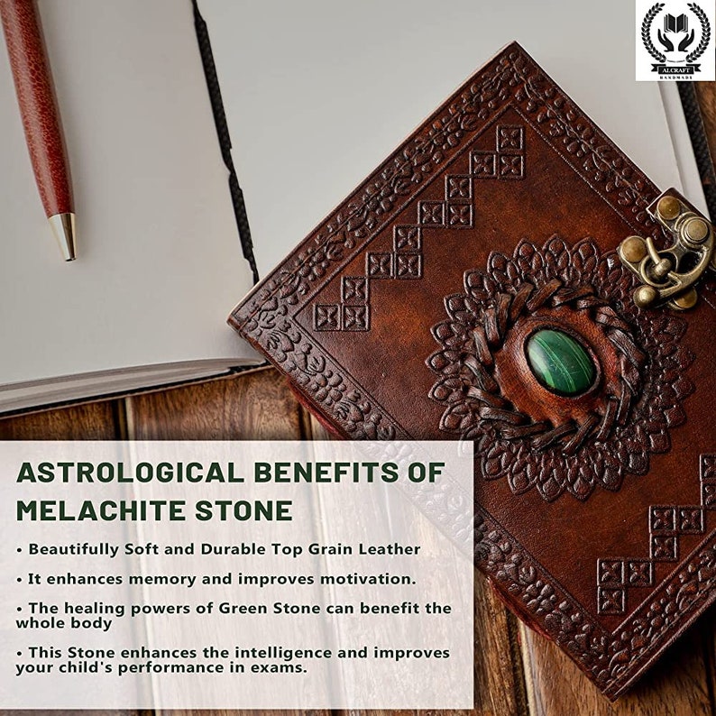Embossed Leather Diary With Green Stone & Metal Lock – Handmade Journal ...