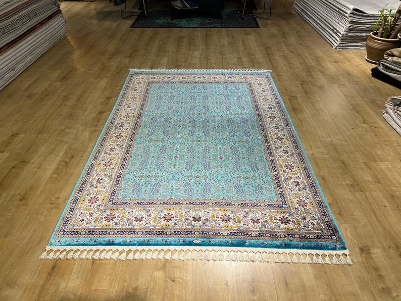 Blue Silk Rug, Floral Border Design, Turkish Style Carpet, Luxury Rug ...