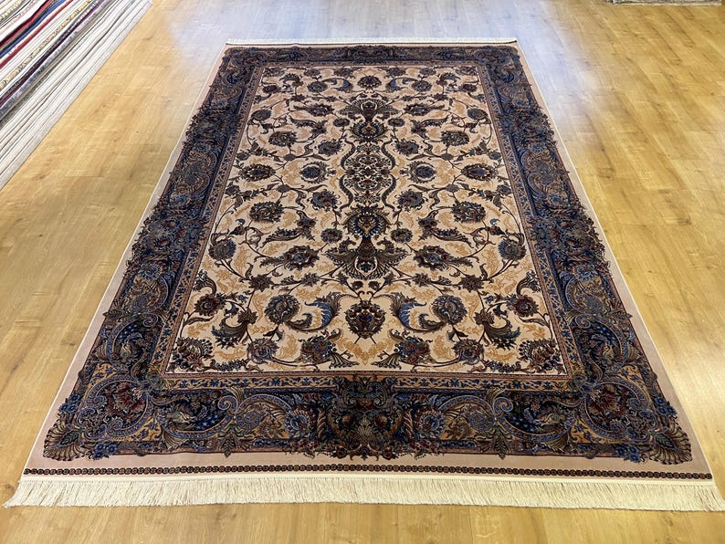 7x10 Ft Ivory Silk Rug, Navy Border Classic Turkish Style, Oversize Rug ...
