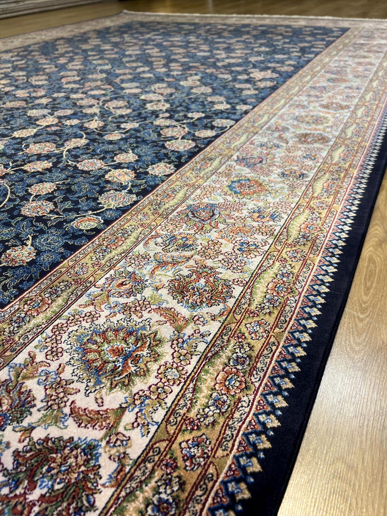 7x10 Ft Blue Silk Bamboo Rug With Ivory Border and Gold Pattern ...