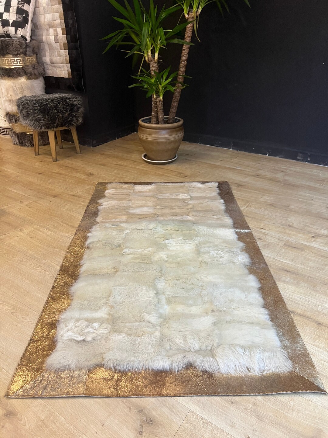 White Gold Leather Plush Rug, Laser Cut Leather Rug, Faux Leather Rug ...