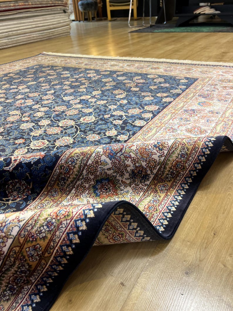 7x10 Ft Blue Silk Bamboo Rug With Ivory Border and Gold Pattern ...