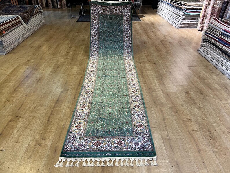 Green Floral Silk Runner Rug, Turkish Style, 3x10 Ft, Classic Luxury ...