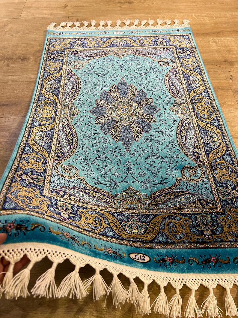 2x3 Blue Gold Silk Rug, Luxury Silk Rug, Palace Silk Rug, High Quality ...