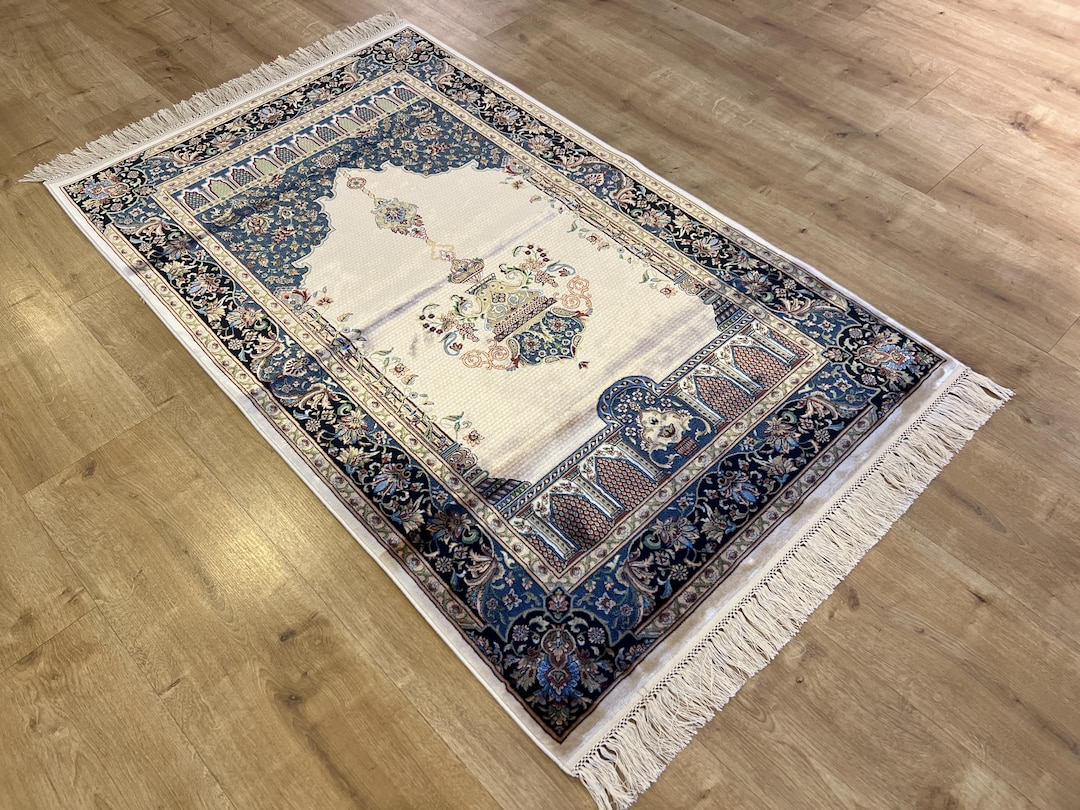 2.62X4.10 Cream Blue Modal Silk Prayer Mat, Silk Prayer Rug, Luxury ...