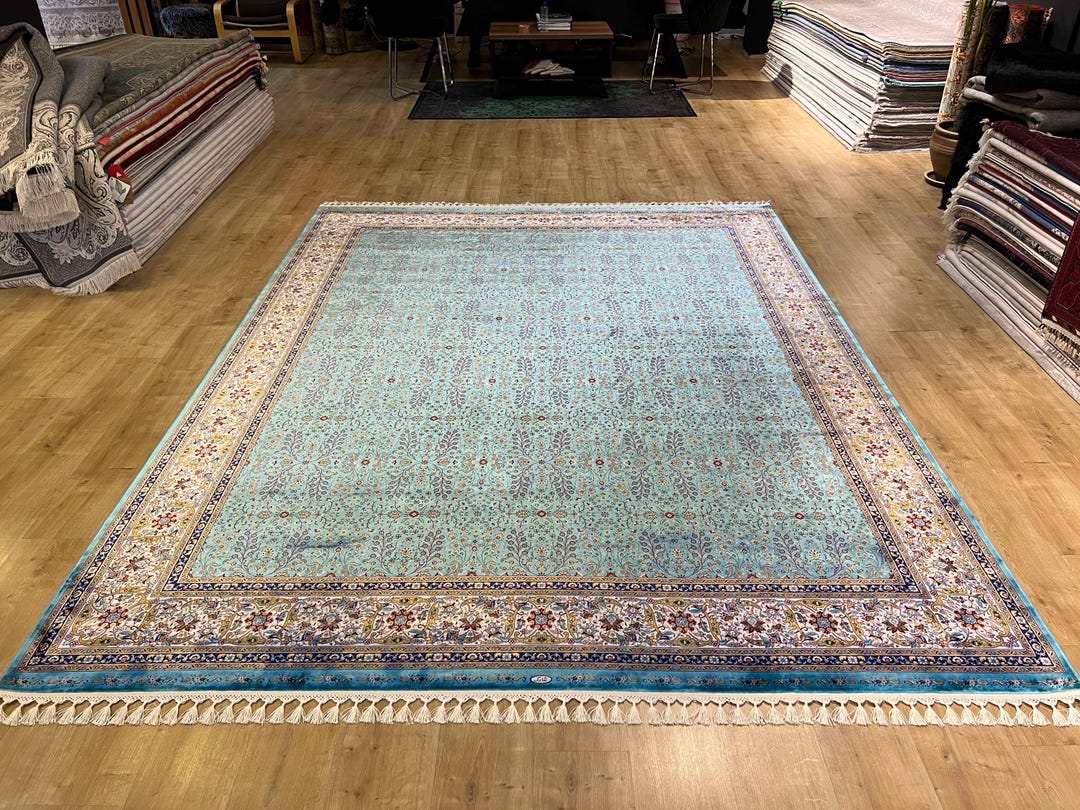 8x10 Ft Blue Turkish Silk Rug, Rug for Living Room, %100 Modal Silk Rug ...