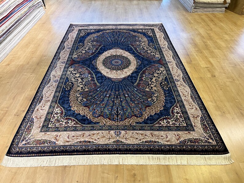 7x10 Ft Navy Silk Rug With Peacock Medallion, Classic Luxury Design - Etsy