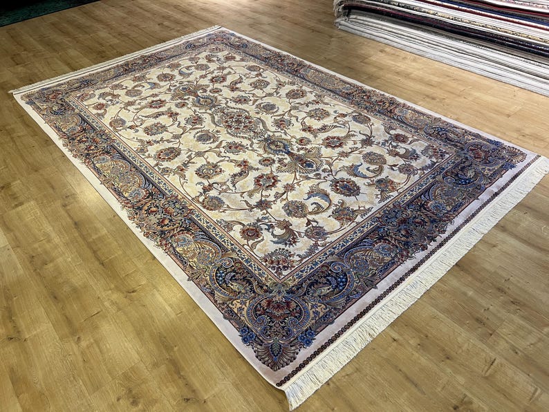 7x10 Ft Ivory Silk Rug, Navy Border Classic Turkish Style, Oversize Rug ...