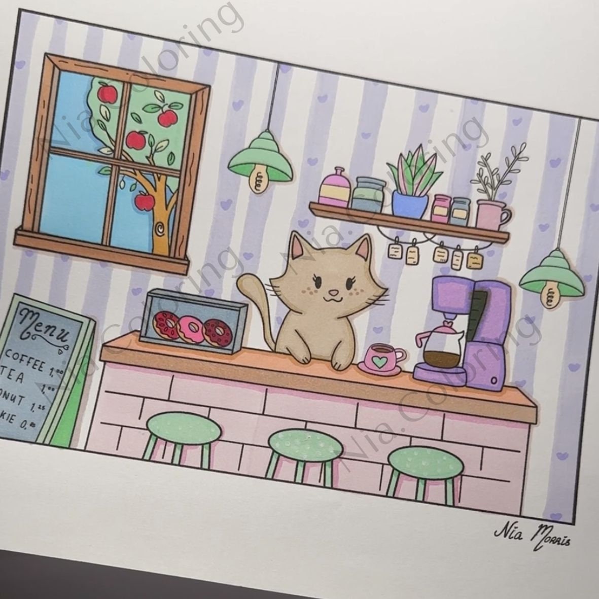 Cat's Café Cozy Coloring Page All Ages Adults and Kids Instant ...