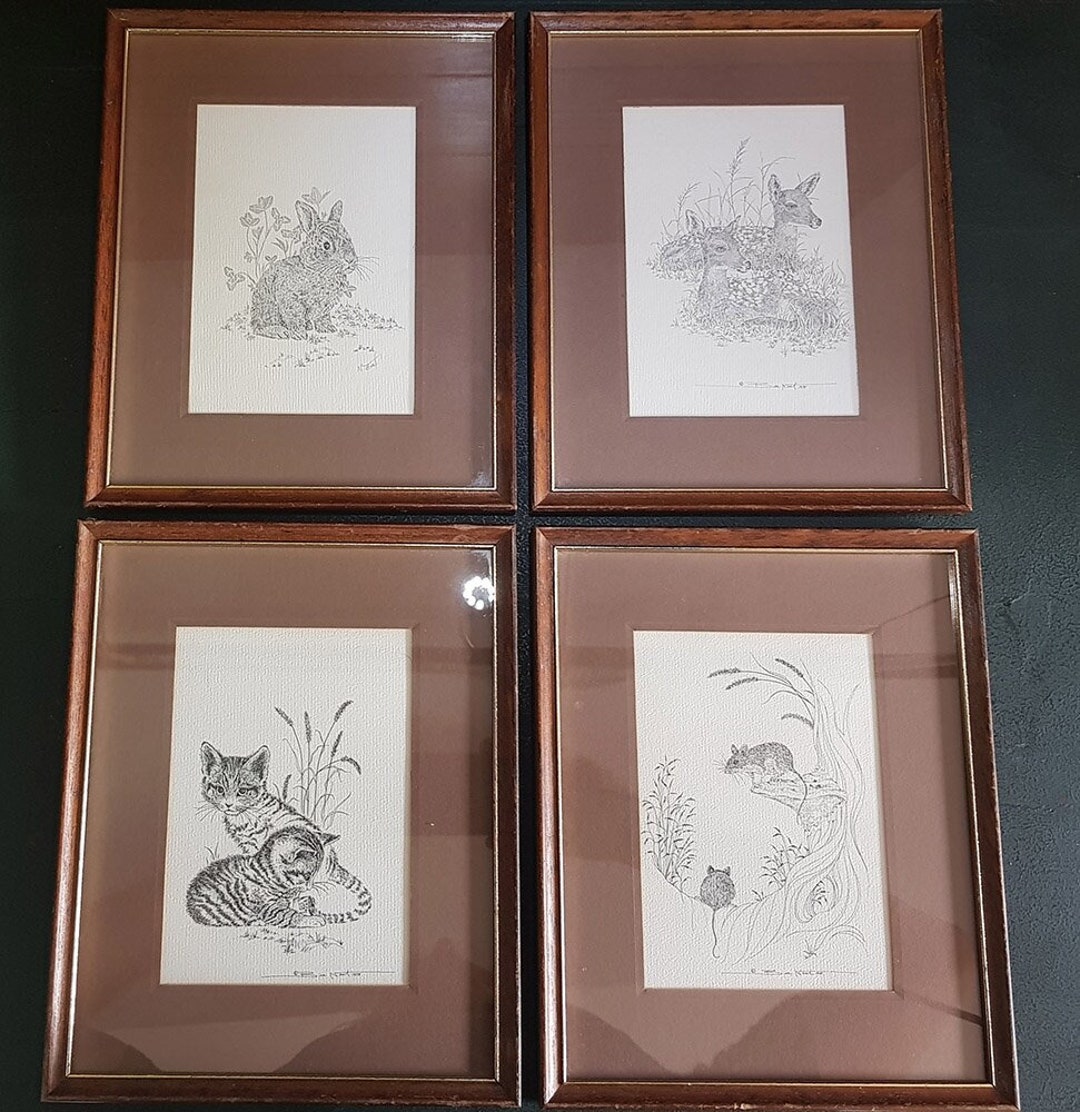 Vintage Set of 4 Animal Prints by Bill Neat Featuring Mice, Bunny ...