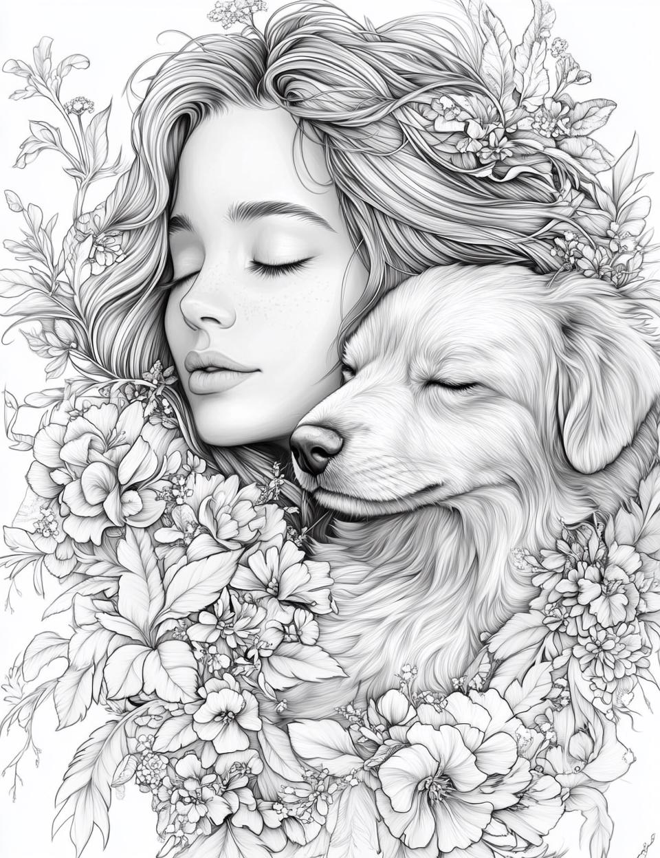 Coloring Pages Woman & Dog With Flowers Line Art Coloring Pages for ...