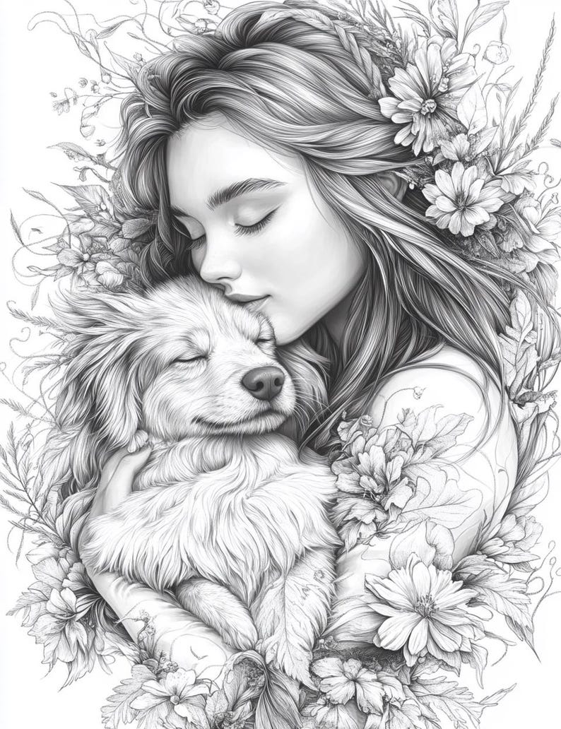 Coloring Pages Woman & Dog With Flowers Line Art Coloring Pages for ...