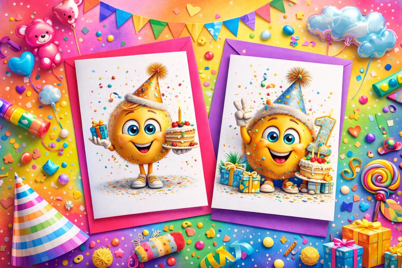 20 Emoji Birthday Clipart Set Fun Party Smileys With Cake, Balloons ...