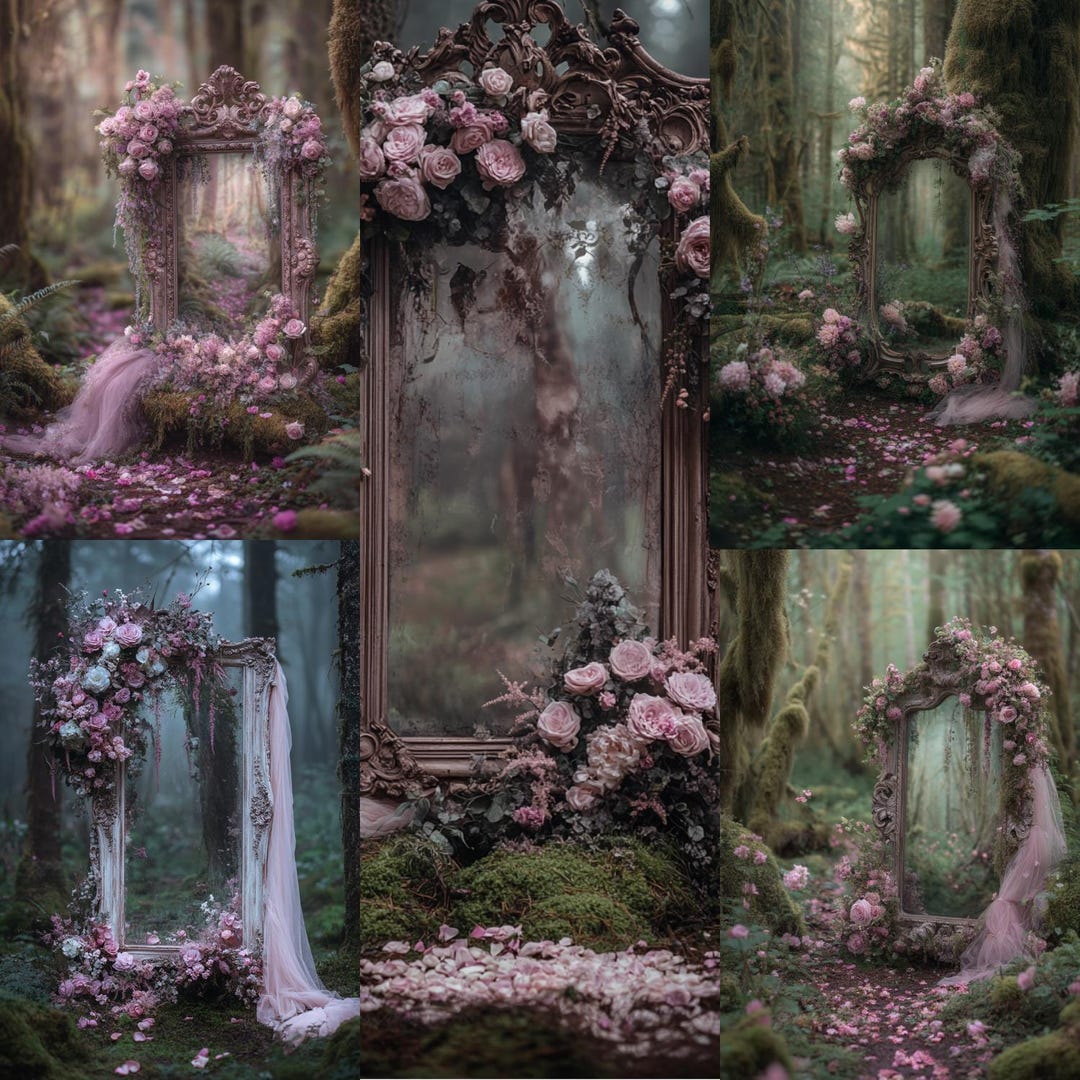 Fairytale Forest Wedding Background With Vintage Mirror, Flowers and ...