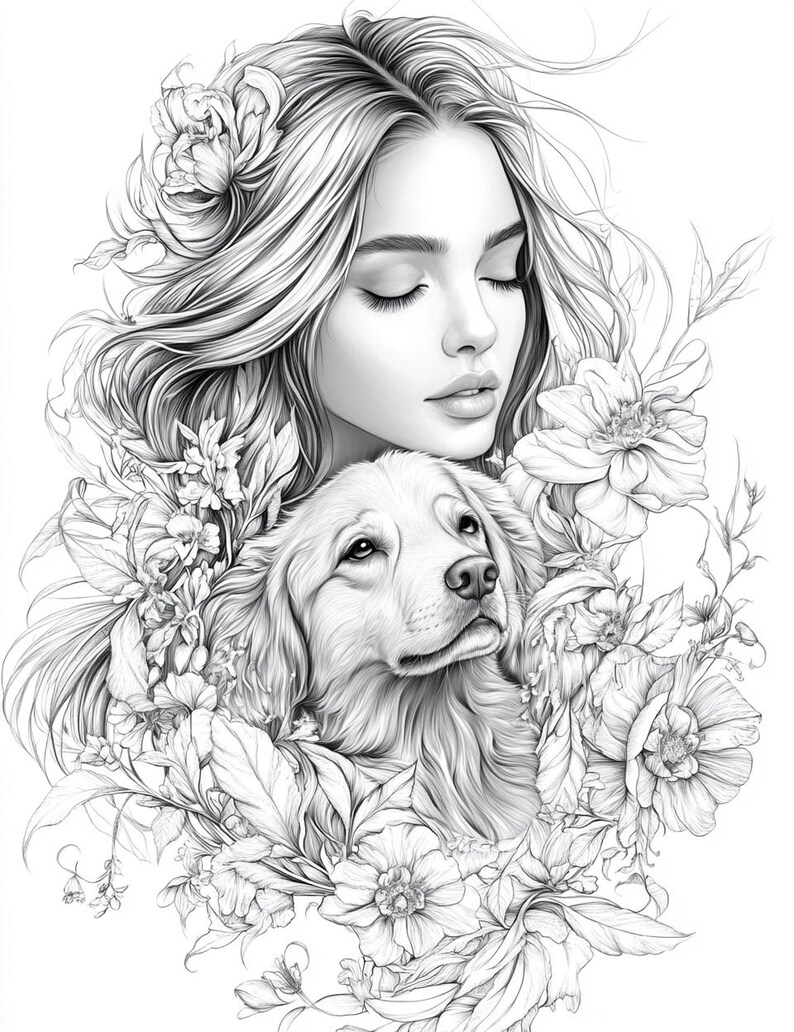 Coloring Pages Woman & Dog With Flowers Line Art Coloring Pages for ...
