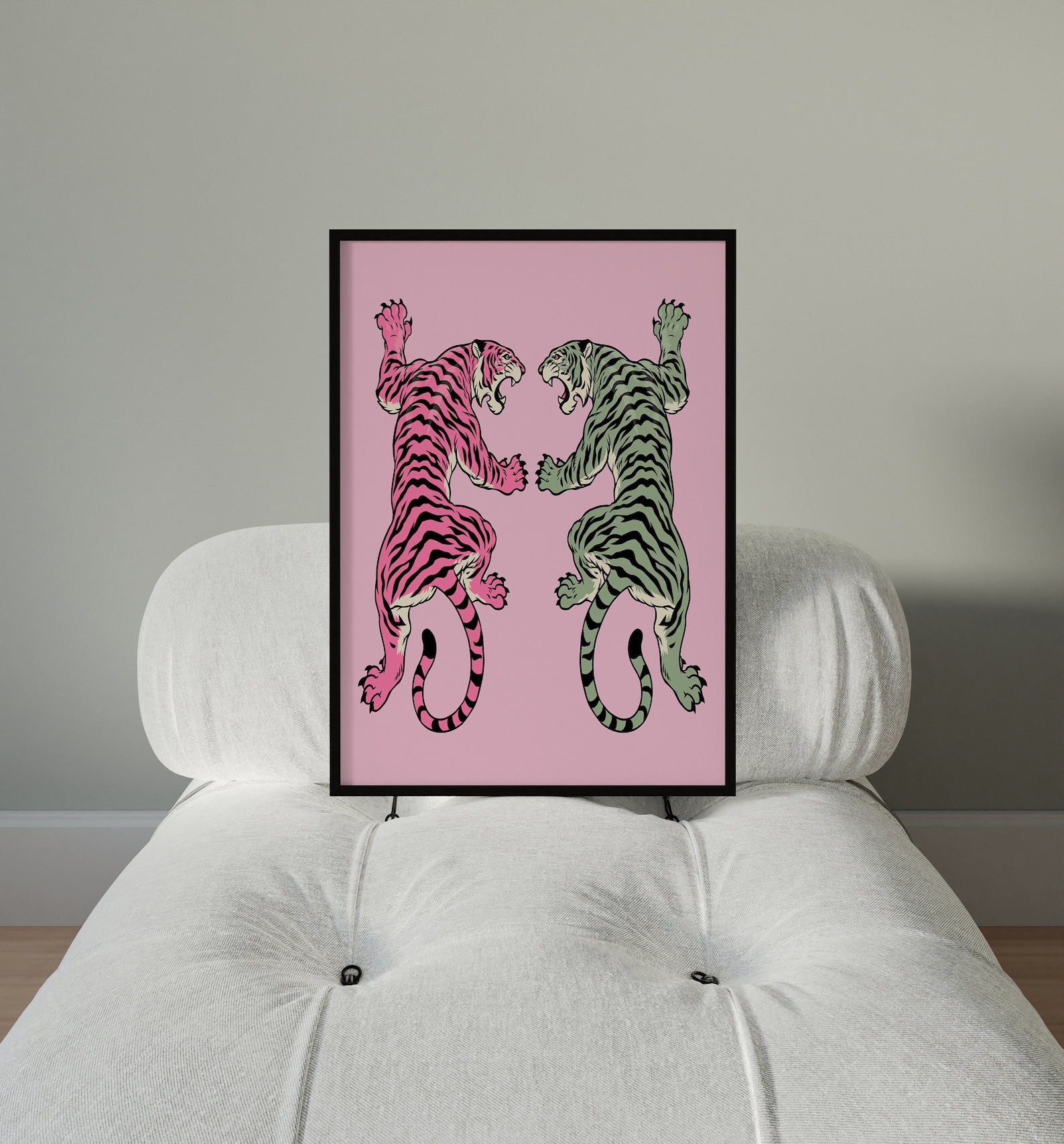 Vintage-inspired Sage Green and Pink Wall Art Tiger Print Wall Art for ...