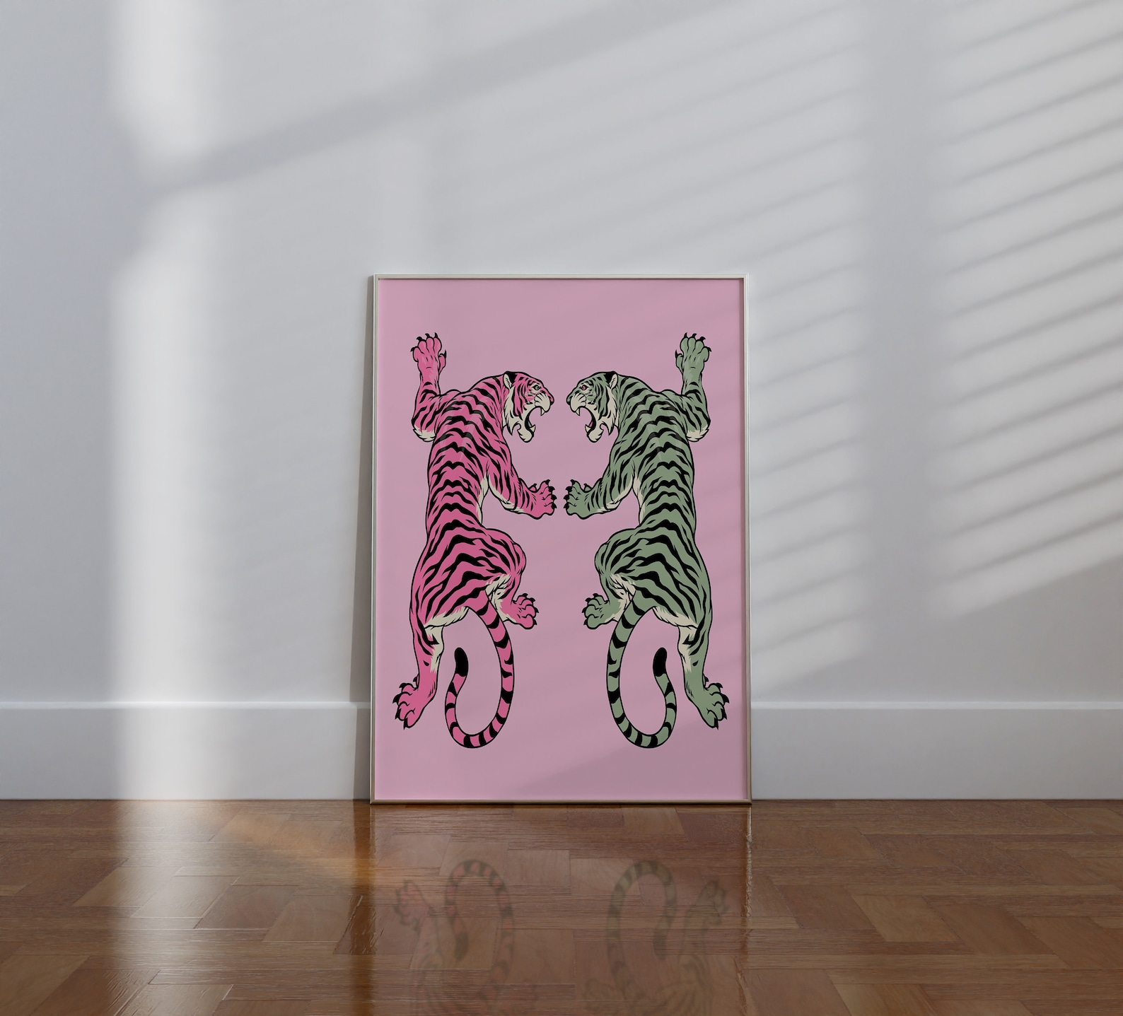 Vintage-inspired Sage Green and Pink Wall Art Tiger Print Wall Art for ...