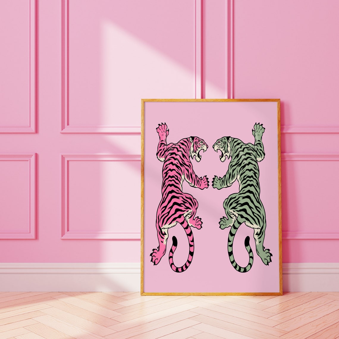 Vintage-inspired Sage Green and Pink Wall Art Tiger Print Wall Art for ...