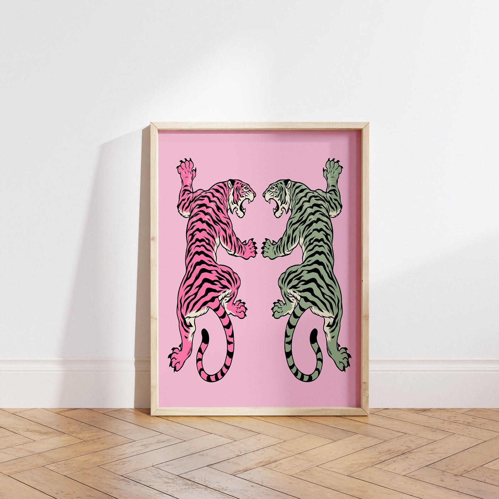 Sage Green & Pink Tiger Art Print | Vintage Asian Decor (digital ...