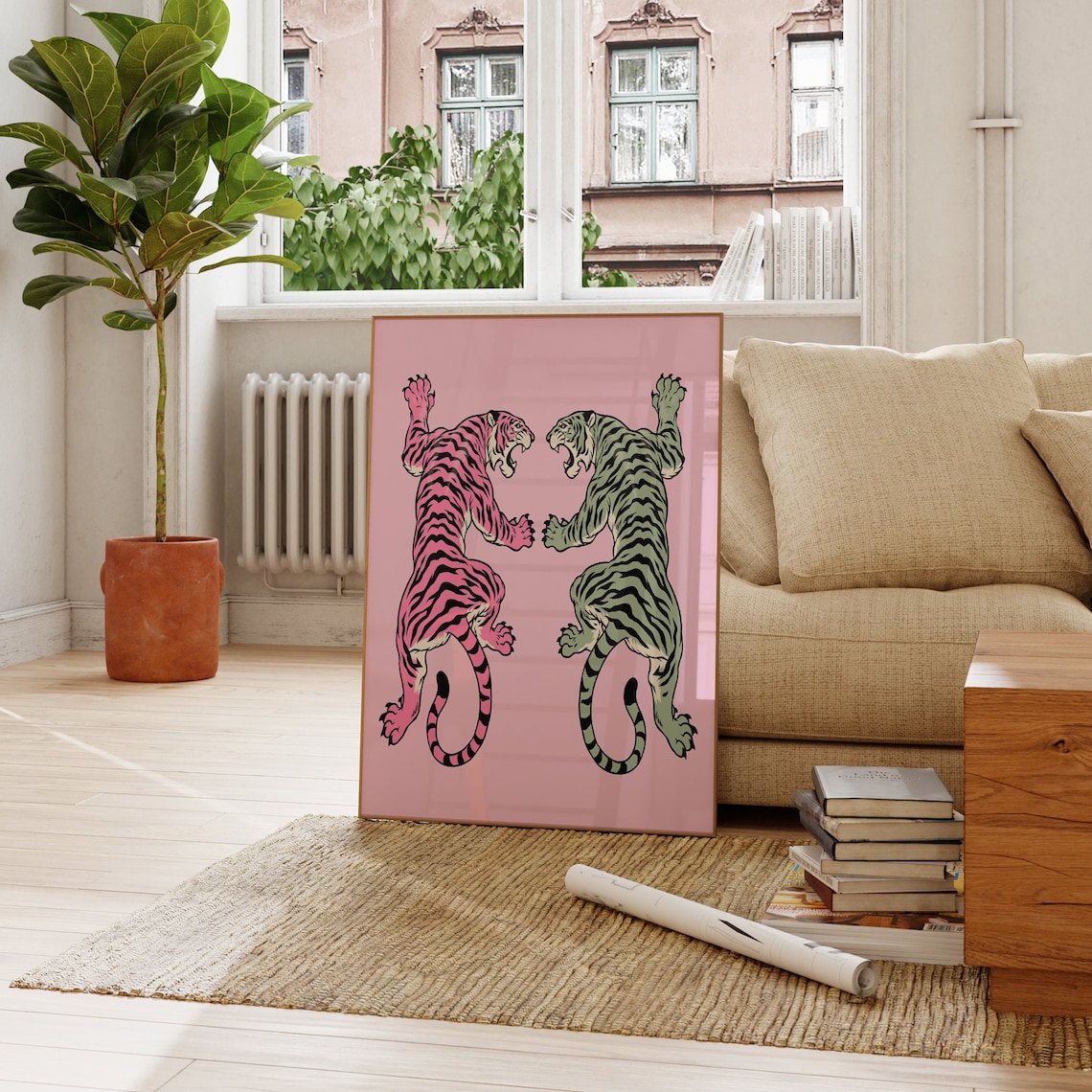 Vintage-inspired Sage Green and Pink Wall Art Tiger Print Wall Art for ...