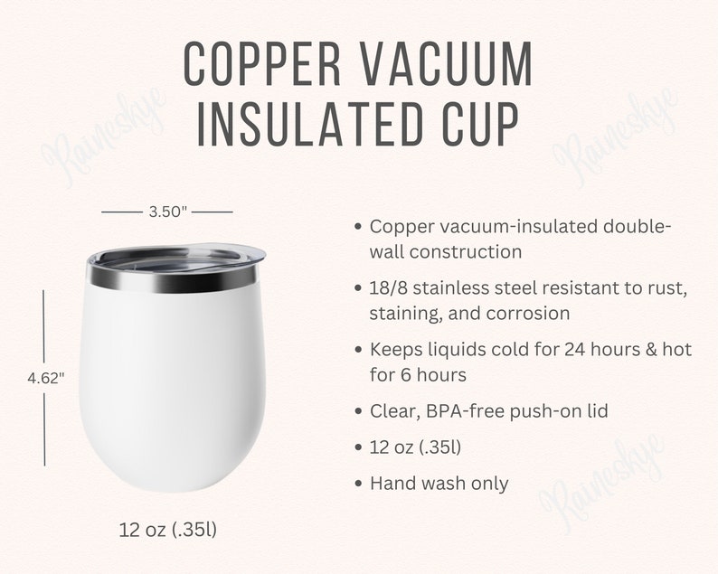 Copper Vacuum Insulated Cup Chart and Description, 12oz Cup Size ...