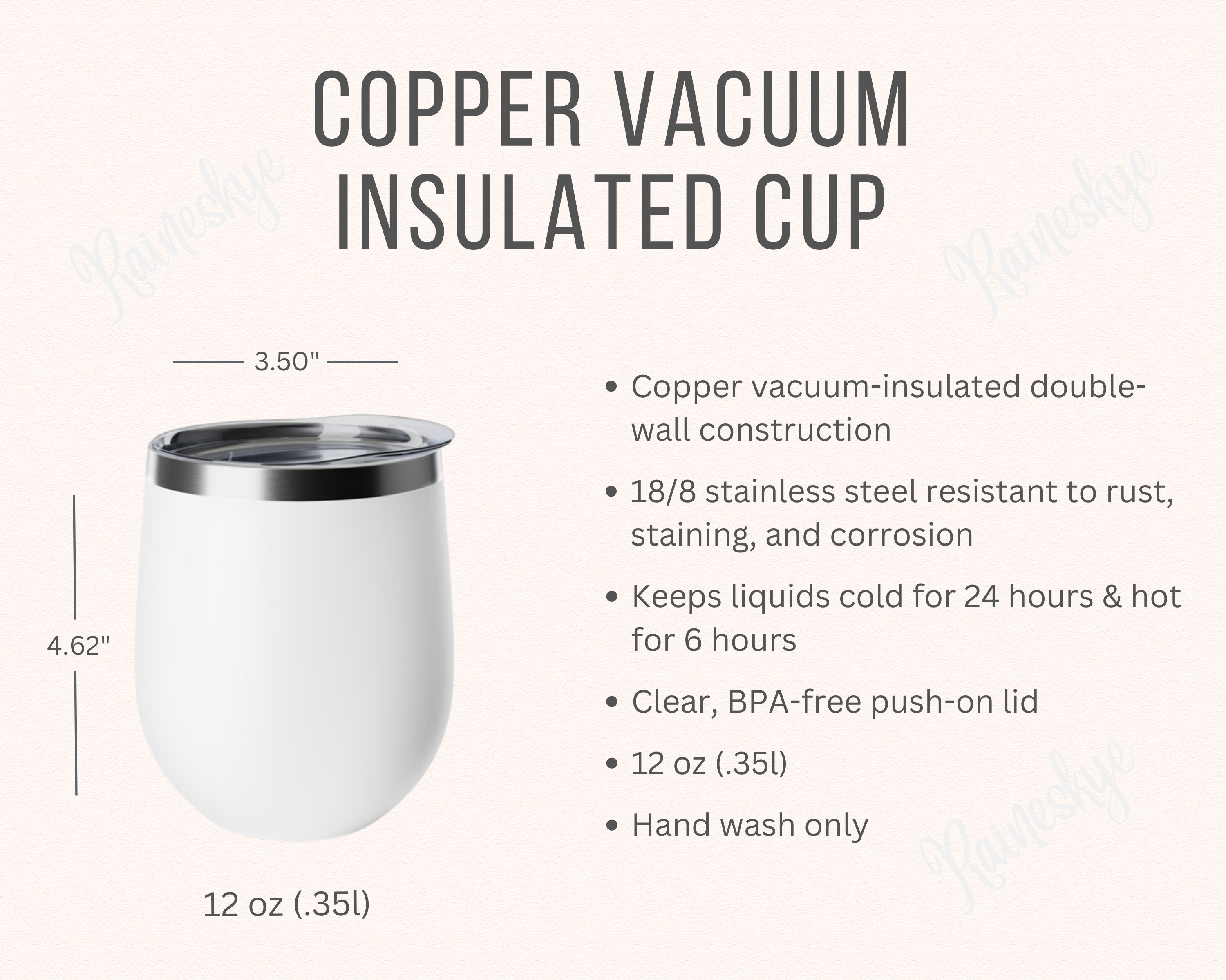 Copper Vacuum Insulated Cup Chart and Description, 12oz Cup Size ...