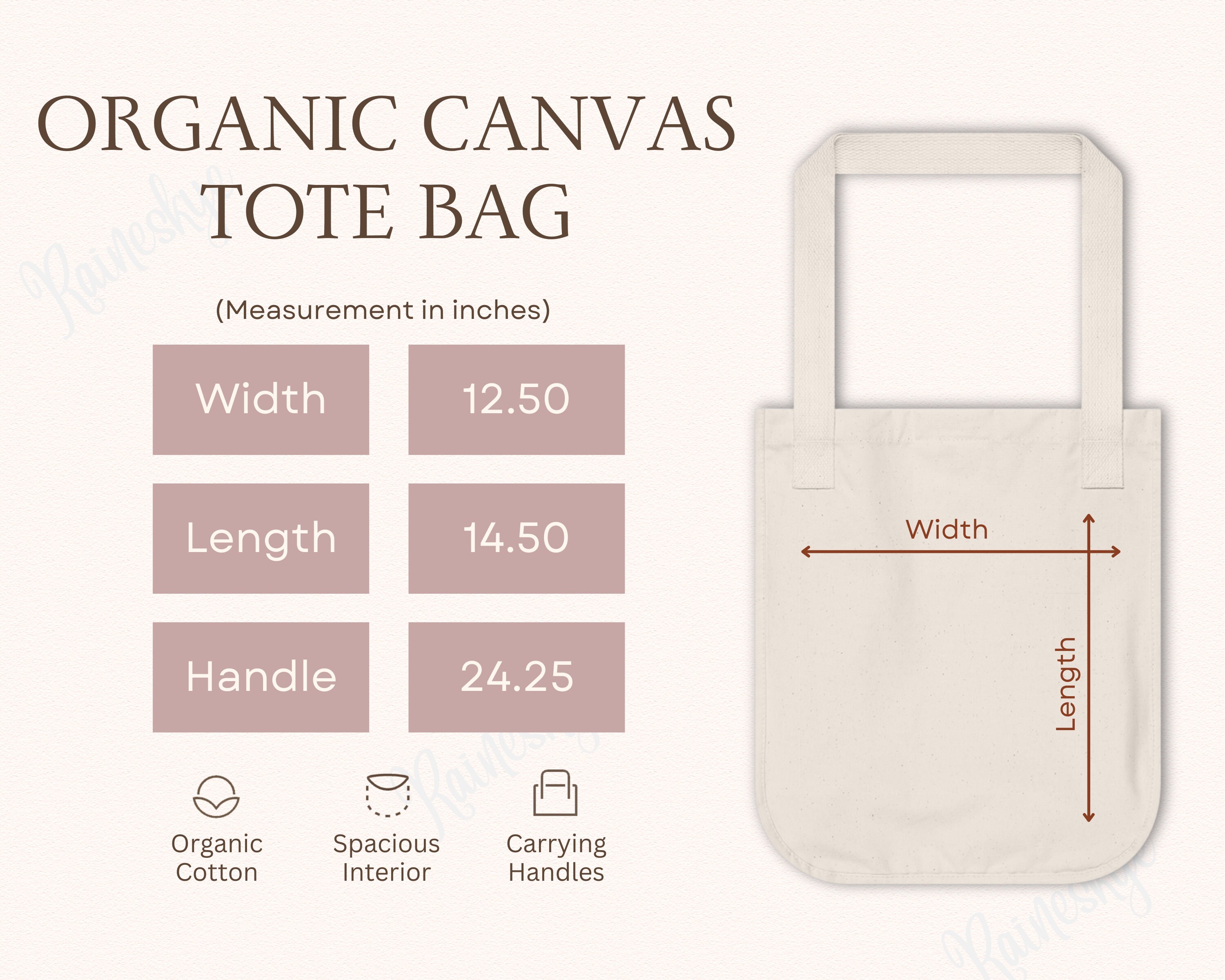 Organic Canvas Tote Bag Size Chart and Features, Econscious EC8040 Tote ...
