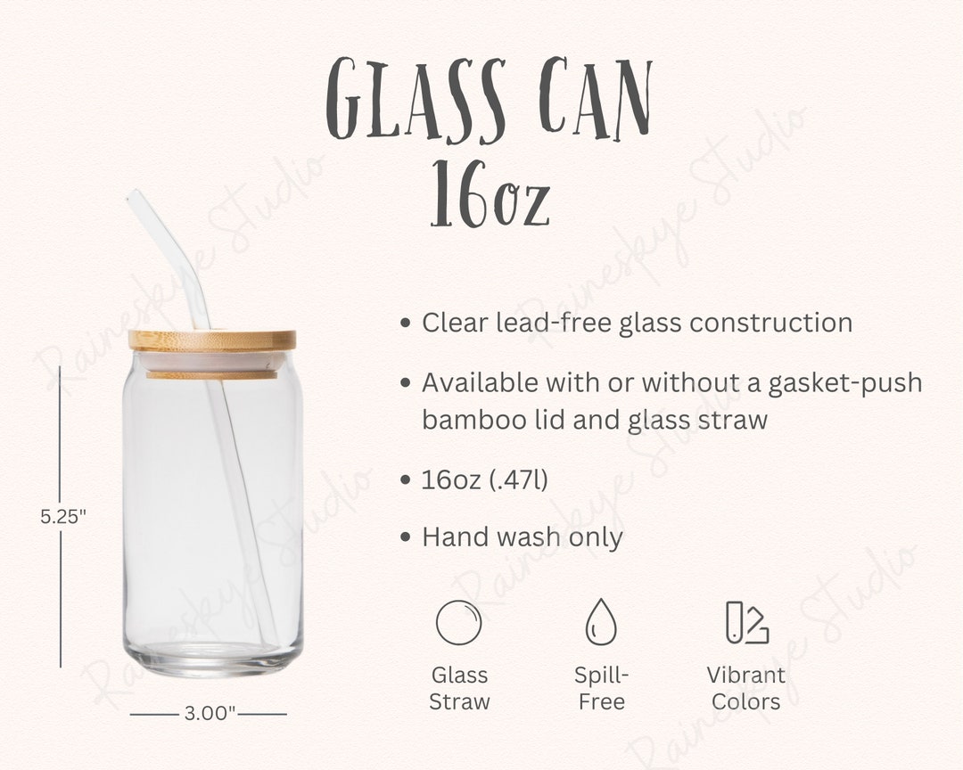 16oz Glass Can Size Chart and Key Features Mockup, Glass Can With Straw ...