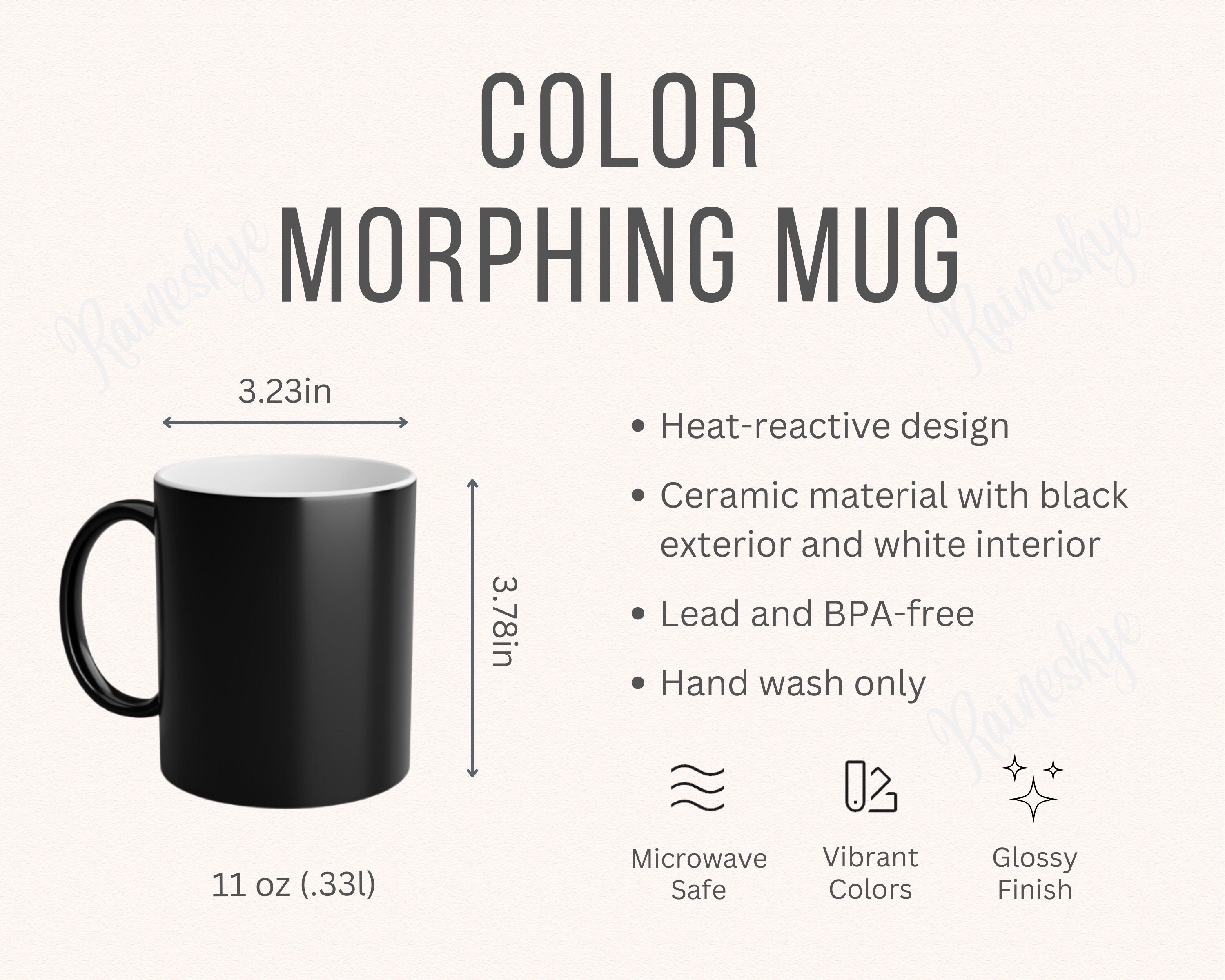 Color Morphing Coffee Mug Size Chart and Key Features, 11oz Ceramic Mug ...