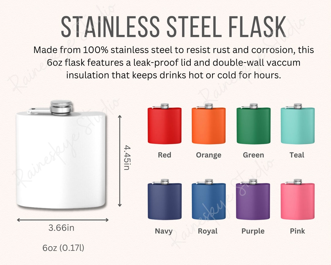 6oz Stainless Steel Flask Size Chart and Colors Mockup, Polar Camel ...