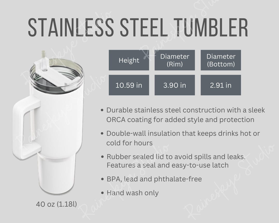 Stainless Steel 40 Oz Tumbler Size Chart and Description Mockup, Straw ...