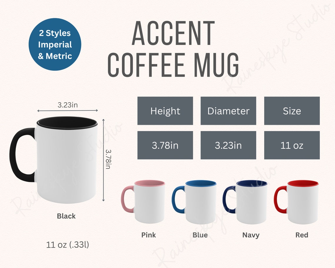 Accent Coffee Mug Size Chart and Color Guide, 11oz Ceramic Cup Size ...