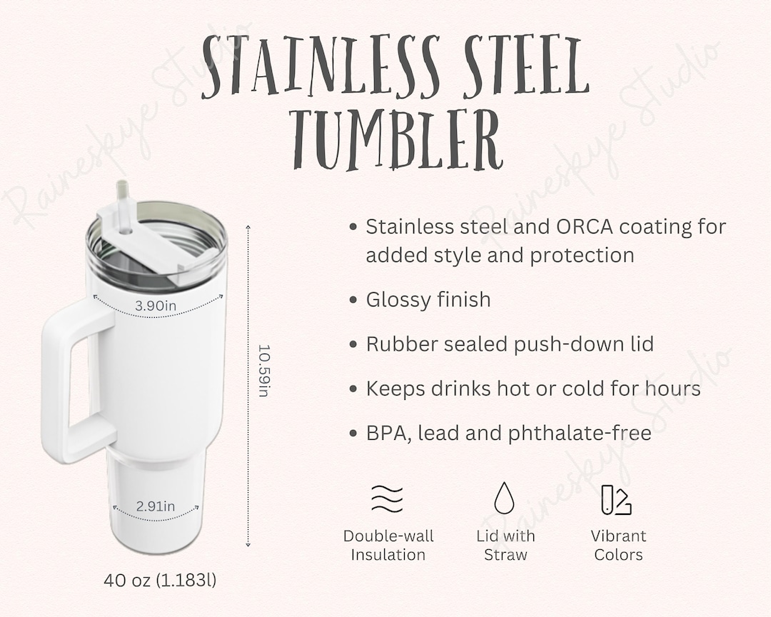 Stainless Steel 40 Oz Tumbler Size Chart and Description Mockup, Glossy ...