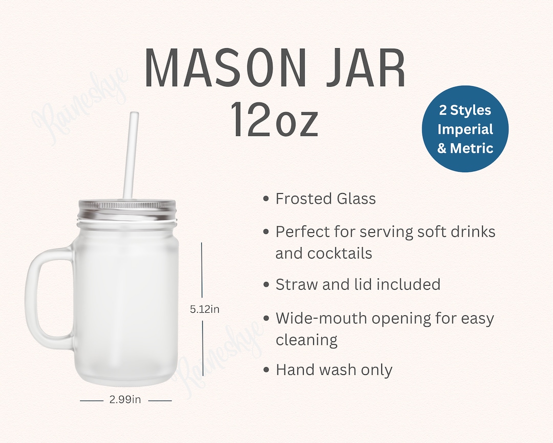 12oz Mason Jar With Straw Size Chart and Key Features Mockup, 2 Files ...