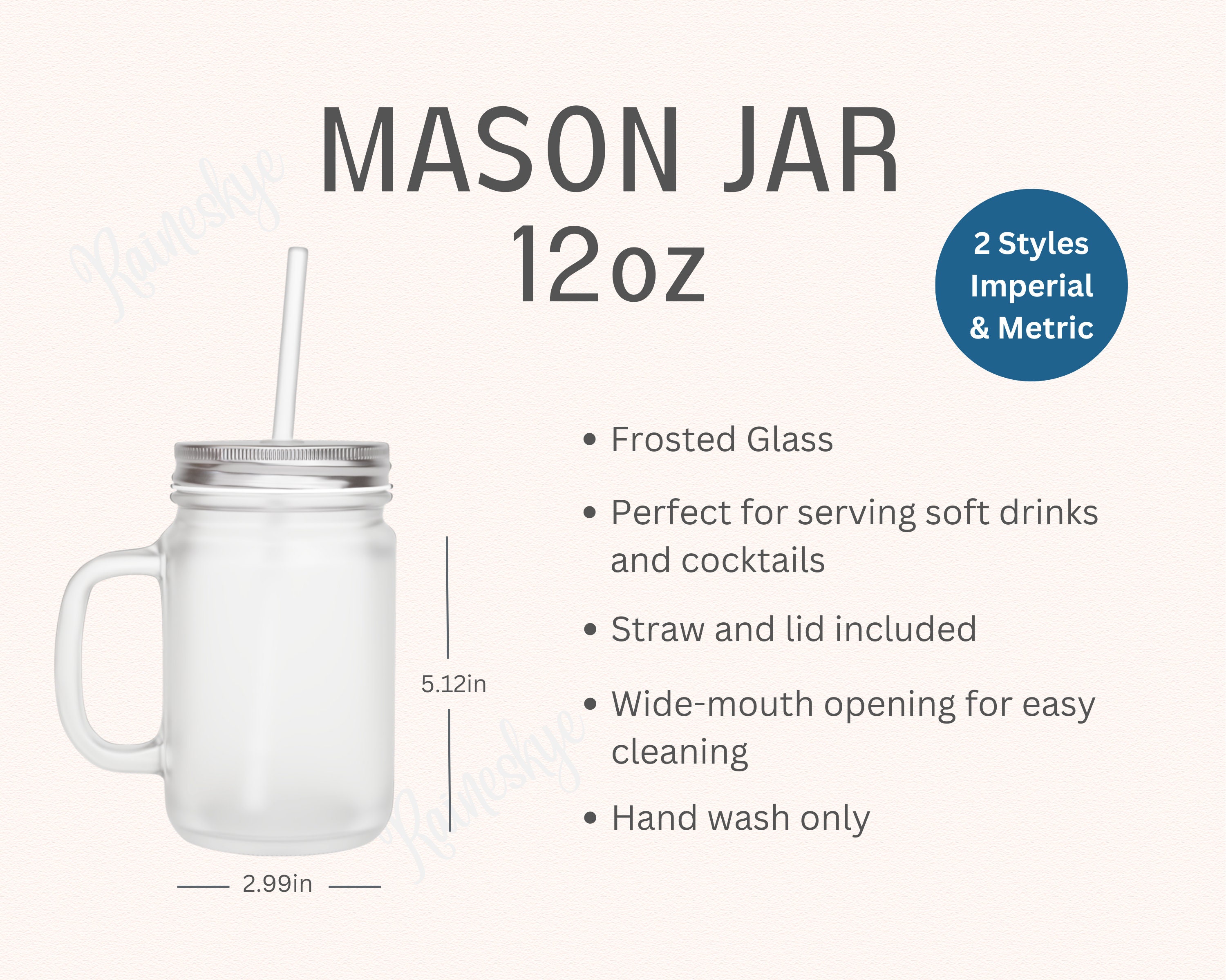 12oz Mason Jar With Straw Size Chart and Key Features Mockup, 2 Files ...