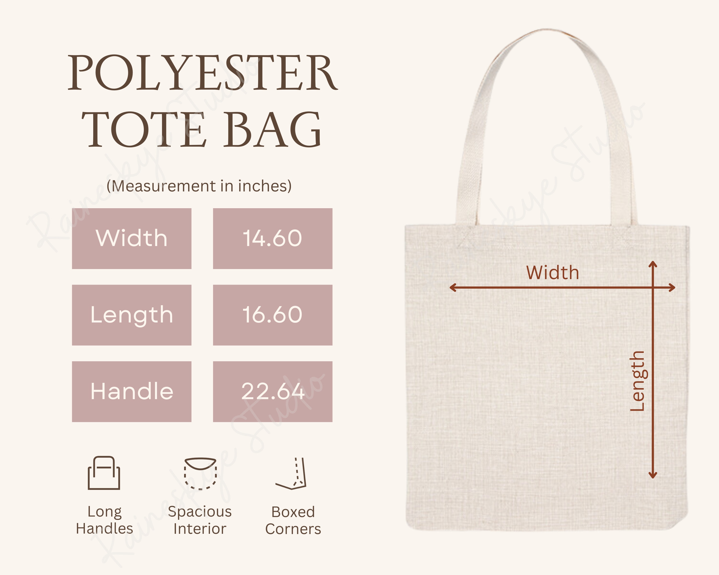 Polyester Tote Bag Size Chart and Key Features, Tote Mockup Imperial ...